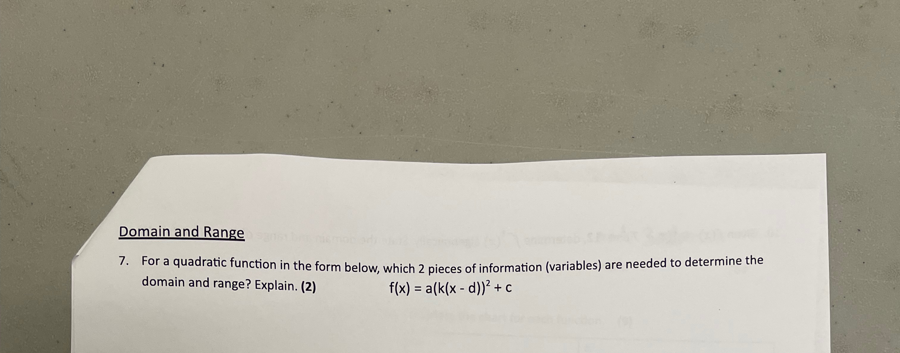 Solved Domain and Range7. ﻿For a quadratic function in the | Chegg.com