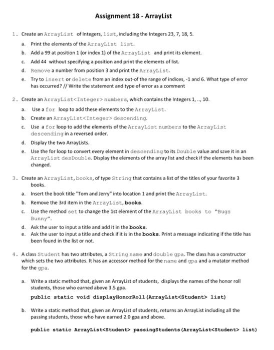 Solved Assignment 18 - ArrayList 1. Create an ArrayList of | Chegg.com