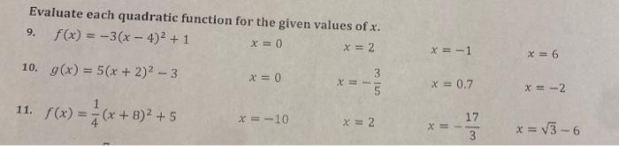 Solved Evaluate each quadratic function for the given values | Chegg.com