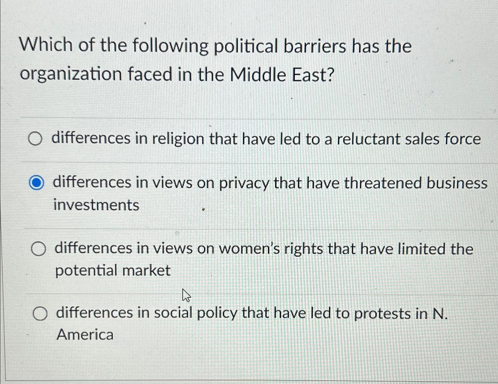 Solved Which of the following political barriers has the | Chegg.com