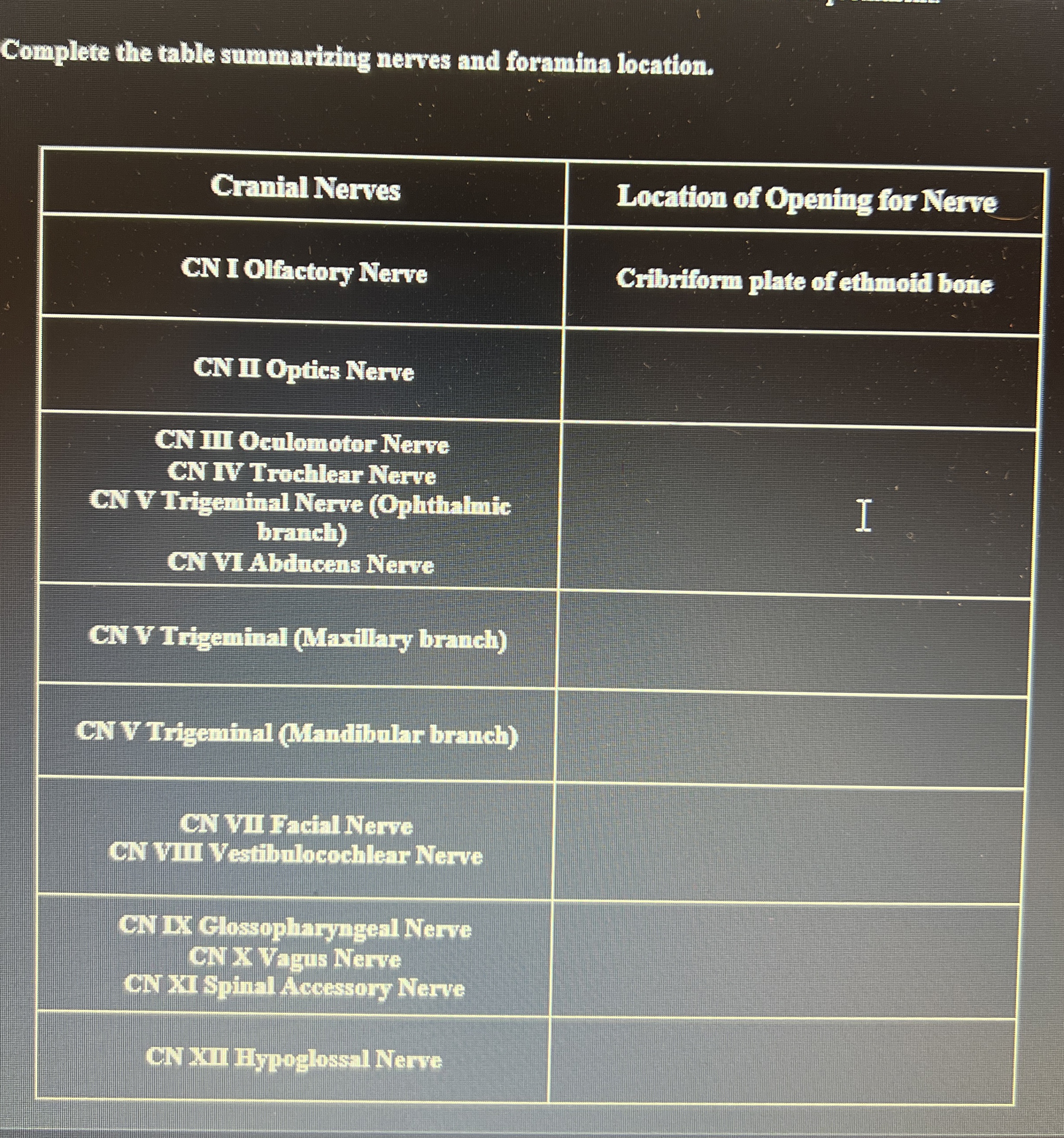 Solved Complete the table summarizing nerves and foramina | Chegg.com
