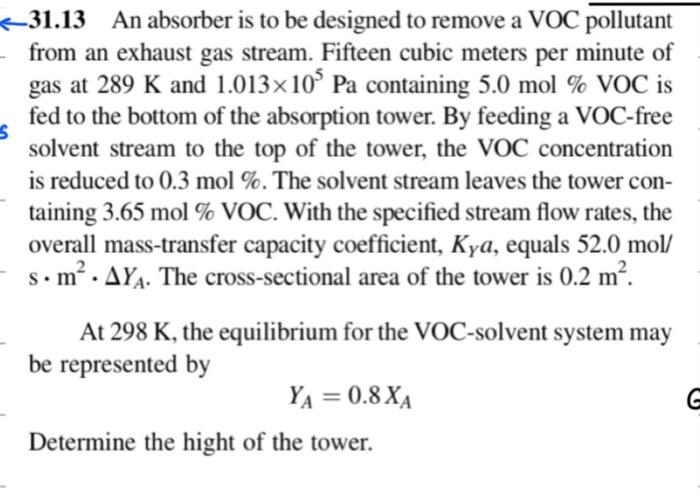 Solved ← 31.13 An absorber is to be designed to remove a VOC | Chegg.com