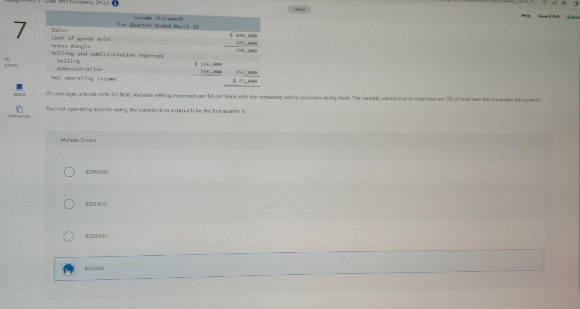 Solved The net operating income using the contribution | Chegg.com