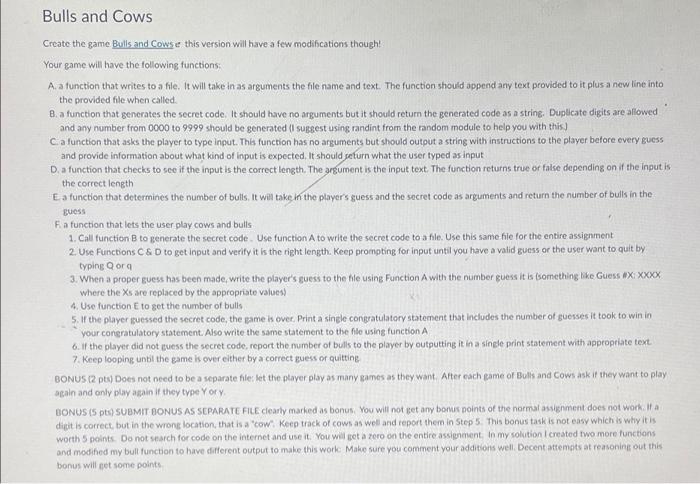 Solved Bulls and Cows Create the game Bulls and Cowse this | Chegg.com