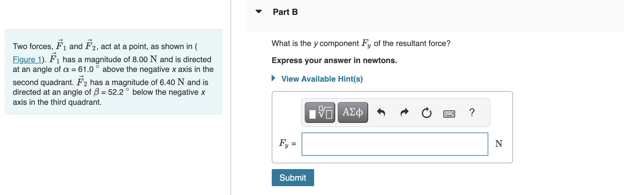 Solved Part BTwo forces, vec(F)1 ﻿and vec(F)2, ﻿act at a | Chegg.com