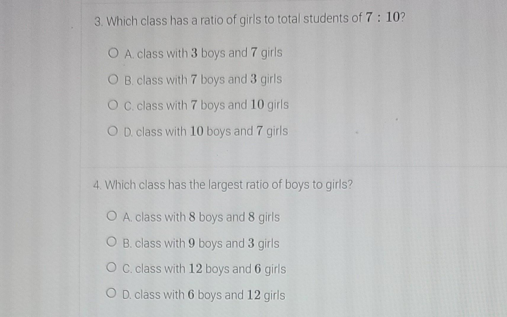 Solved 3. Which class has a ratio of girls to total students | Chegg.com