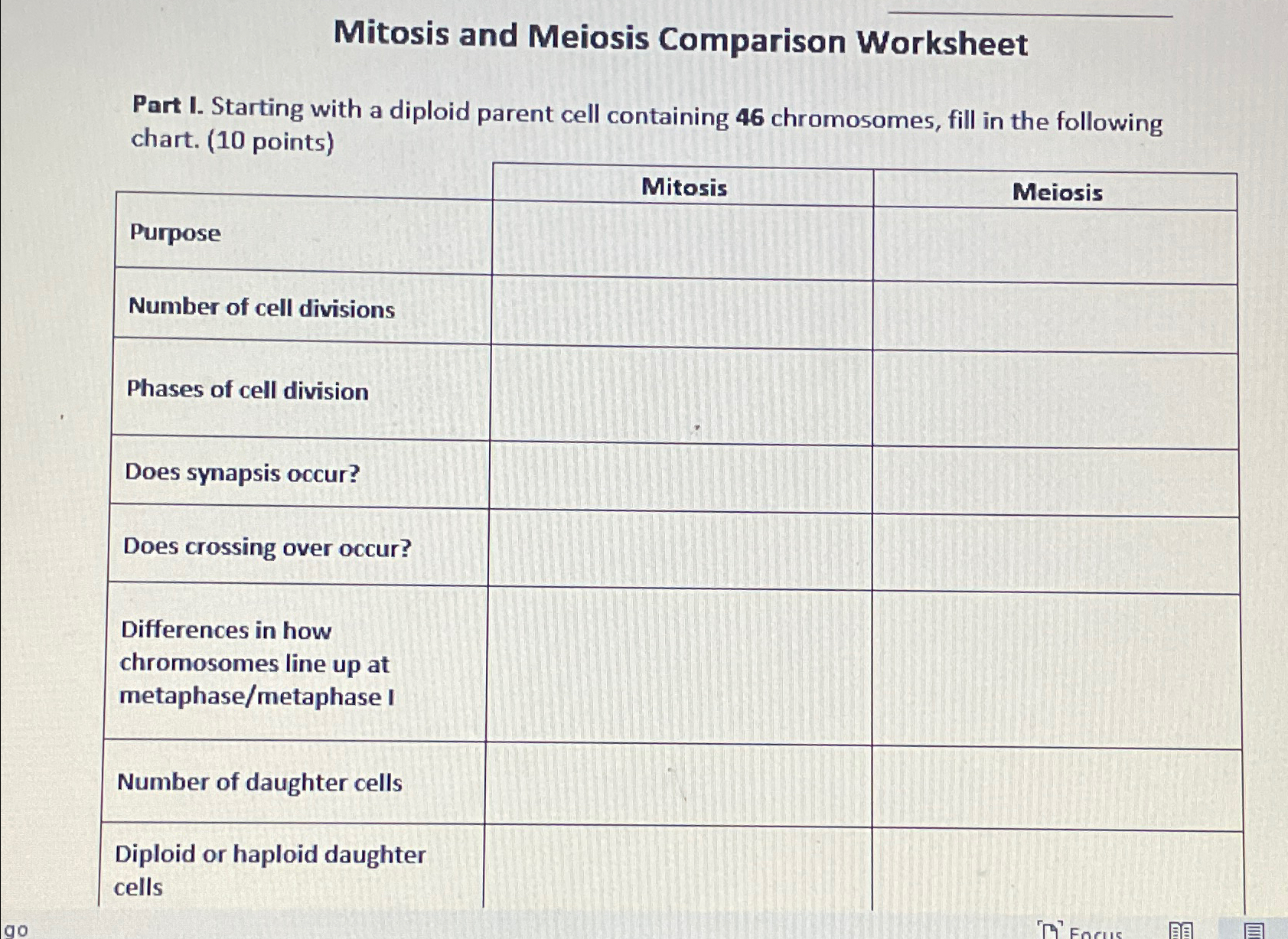 Solved Mitosis and Meiosis Comparison WorksheetPart I. | Chegg.com