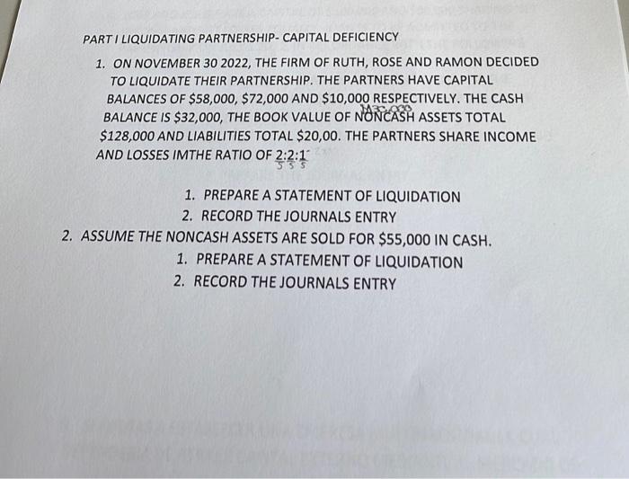 Solved PART I LIQUIDATING PARTNERSHIP- CAPITAL DEFICIENCY 1. | Chegg.com