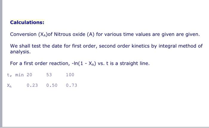 Solved Calculations: Conversion (XA)of Nitrous oxide (A) for | Chegg.com