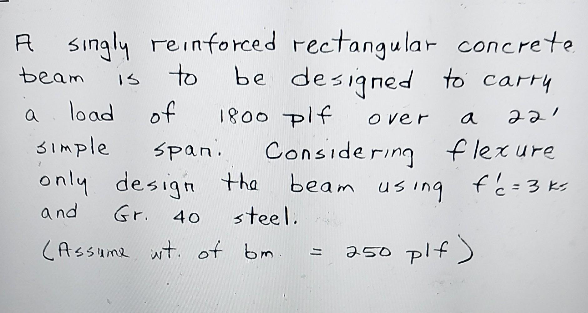 Solved A singly reinforced rectangular concrete beam is to | Chegg.com