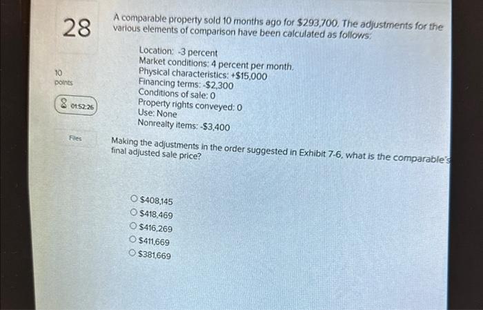Solved A comparable property sold 10 months ago for | Chegg.com