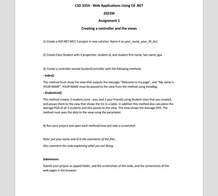 Solved Csd 3354 Web Applications Using C Net 2023w 