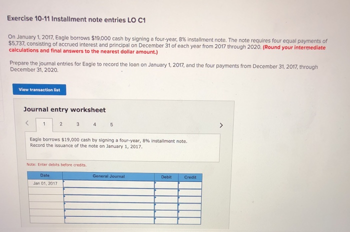 Solved Exercise 10-11 Installment note entries LO C1 On | Chegg.com