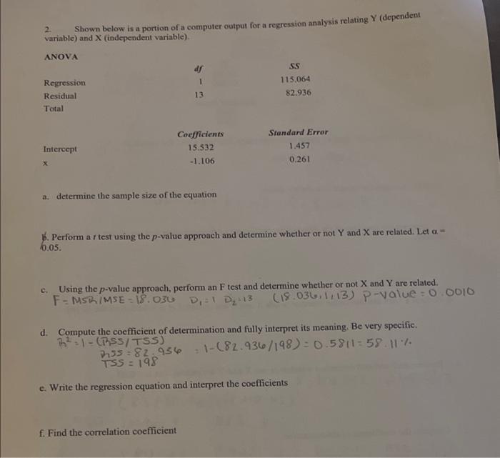 Solved 2. Shown below is a portion of a computer output for | Chegg.com