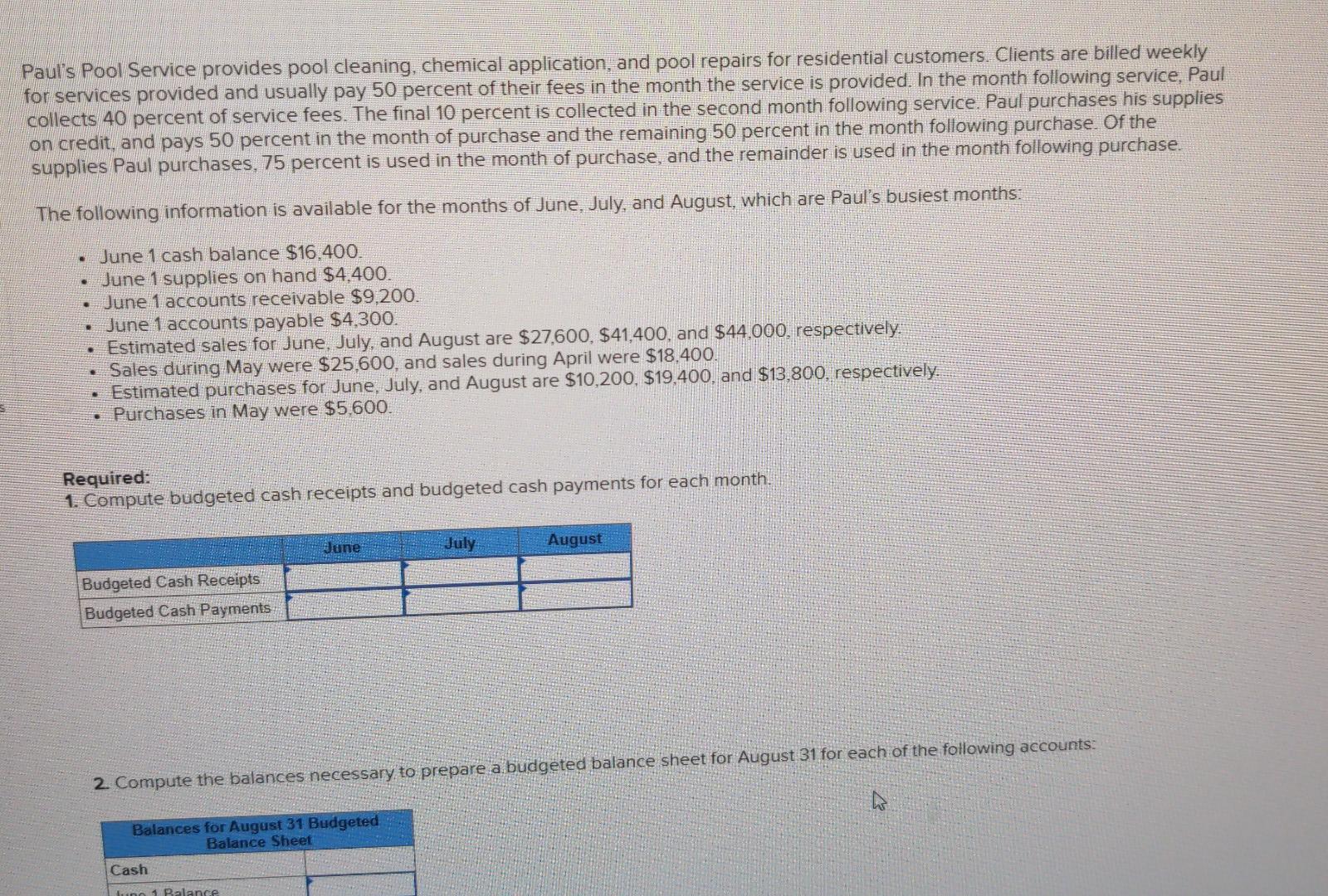 Solved Paul's Pool Service provides pool cleaning, chemical | Chegg.com