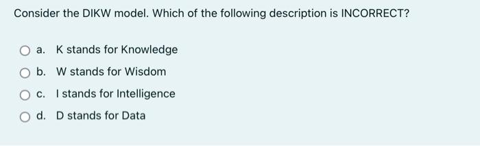 Solved Consider the DIKW model. Which of the following | Chegg.com