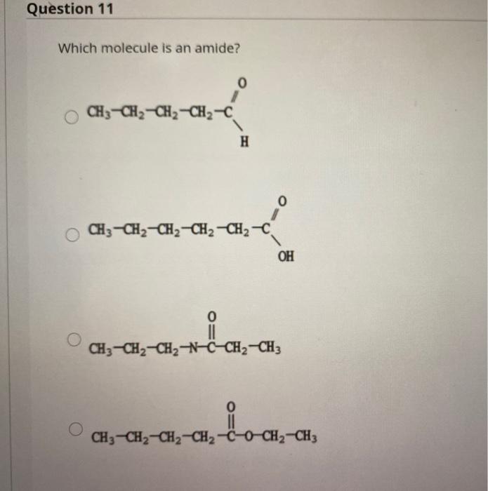 Solved Question 11 Which molecule is an amide? o CH3 -CH 2 | Chegg.com