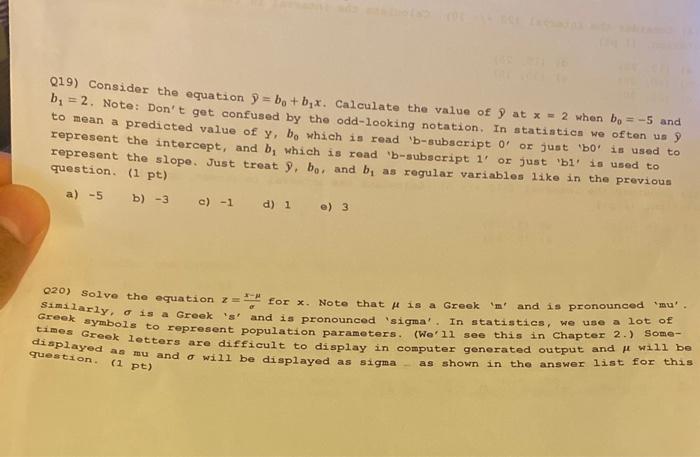 Solved Q19) Consider the equation y=b0+b1x. Calculate the | Chegg.com