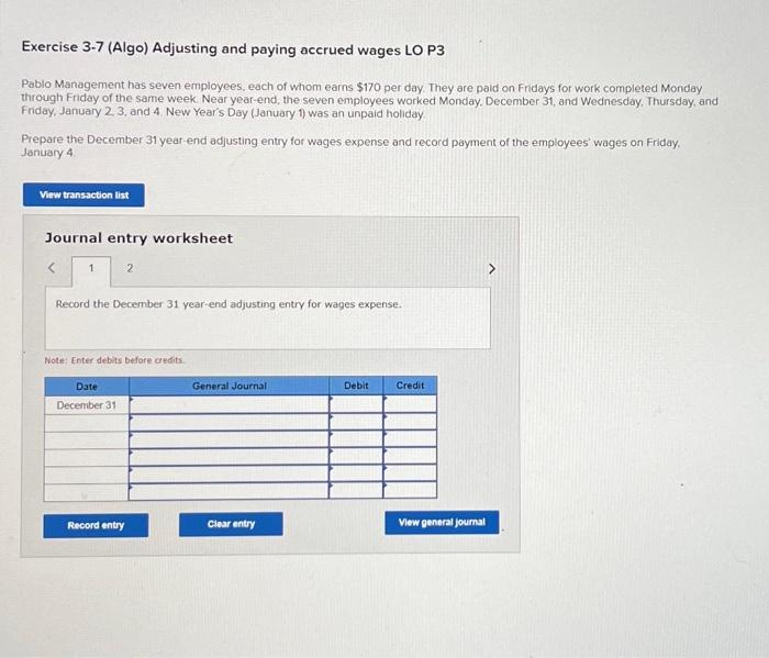 Solved Exercise 3-7 (Algo) Adjusting and paying accrued | Chegg.com