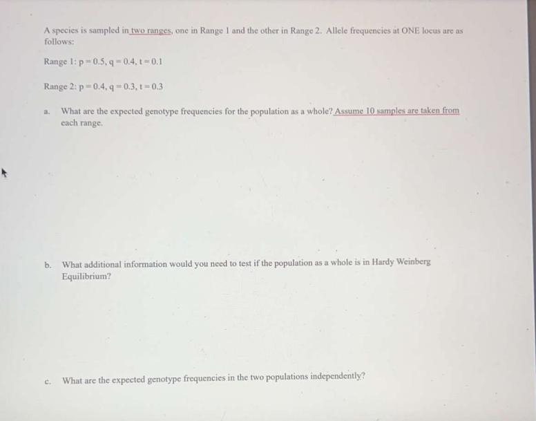 Solved A species is sampled in two ranges, one in Range 1 | Chegg.com