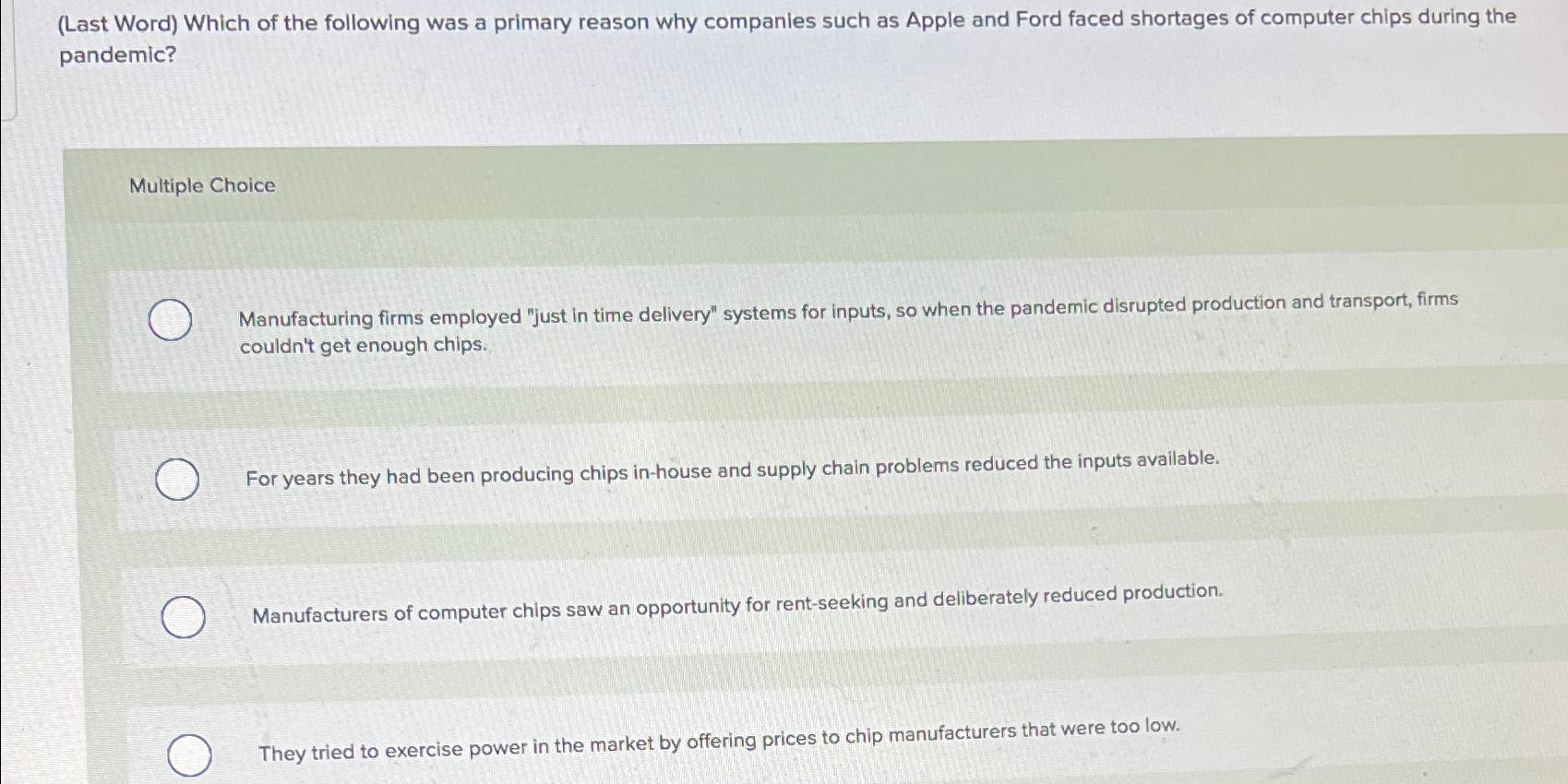 Solved (Last Word) ﻿Which of the following was a primary | Chegg.com