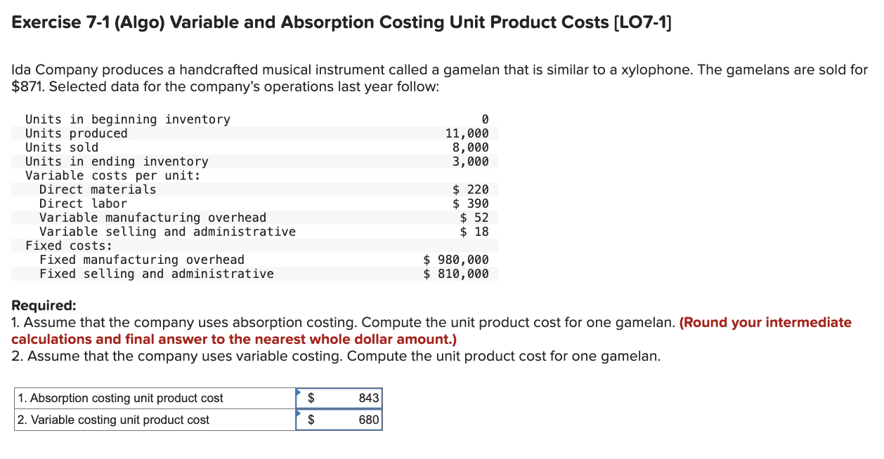 Solved Exercise 7-1 (Algo) ﻿Variable and Absorption Costing | Chegg.com