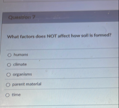Solved Question 7What factors does NOT affect how soll is | Chegg.com