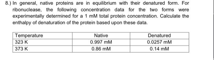Solved 8.) In general, native proteins are in equilibrium | Chegg.com