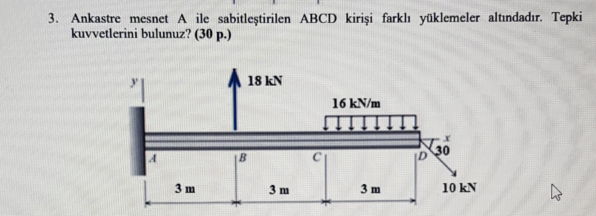 Solved 3. Ankastre mesnet A ile sabitleştirilen ABCD kirişı | Chegg.com
