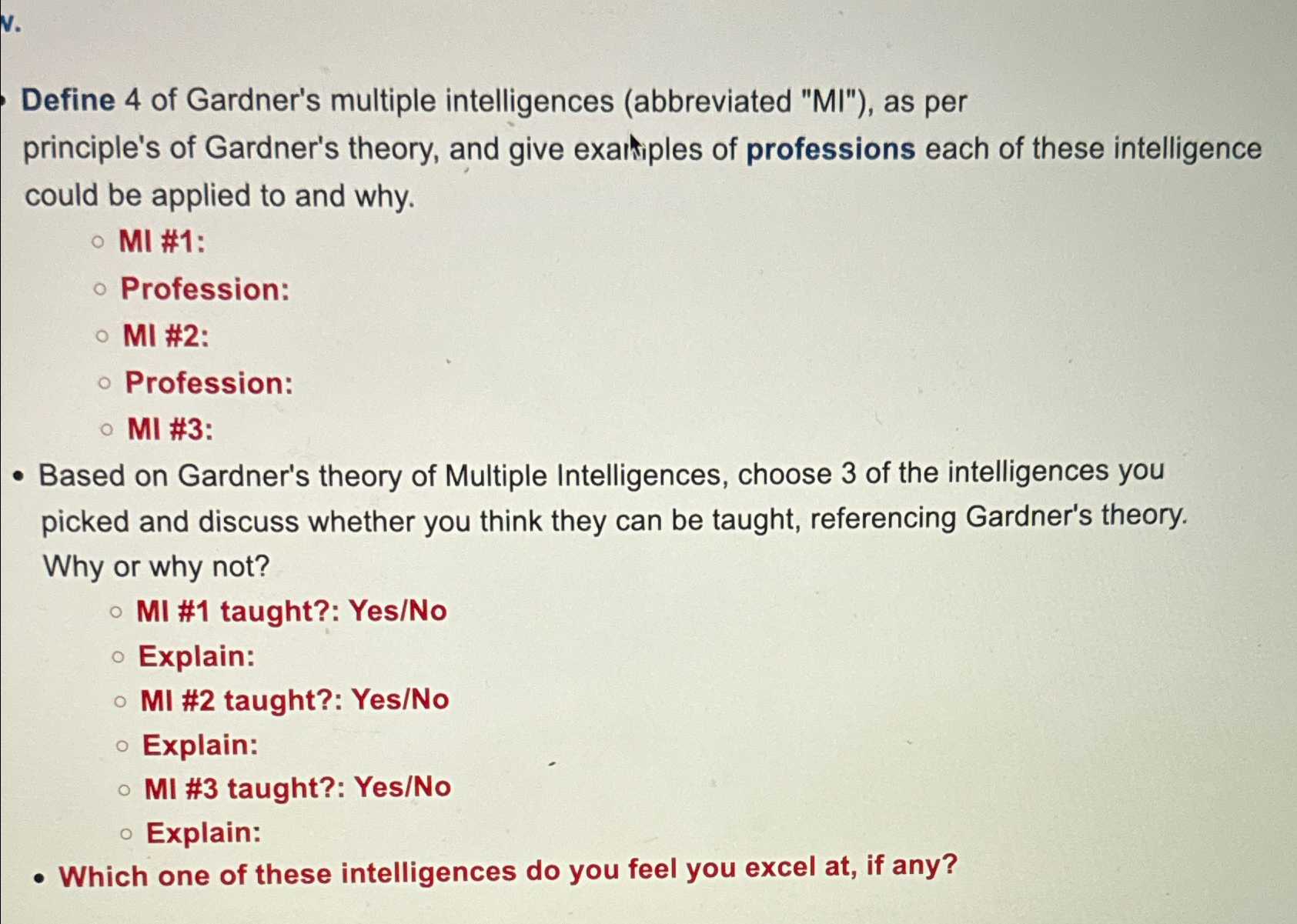 Solved Define 4 ﻿of Gardner's multiple intelligences | Chegg.com