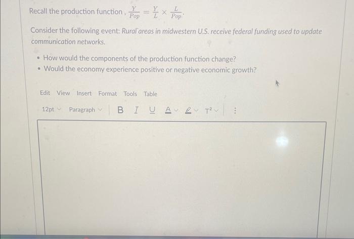 Solved Recall the production function, PopY=LY×PopL. | Chegg.com