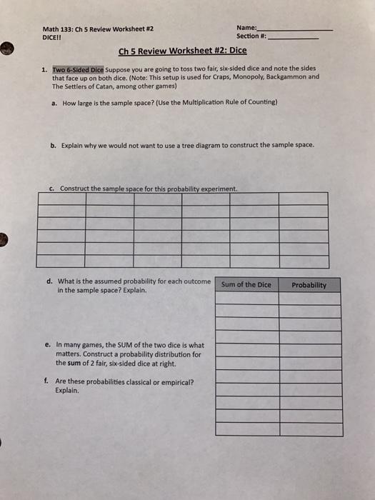 Solved Math 133: Ch 5 Review Worksheet #2 Name: DICENI | Chegg.com