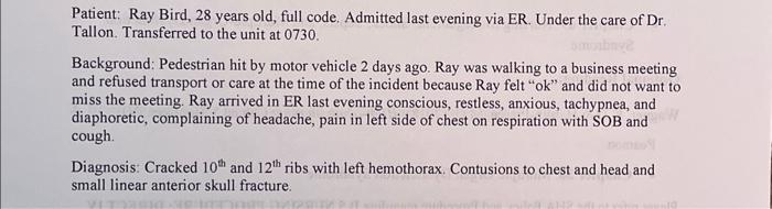 Solved Patient: Ray Bird, 28 years old, full code. Admitted | Chegg.com
