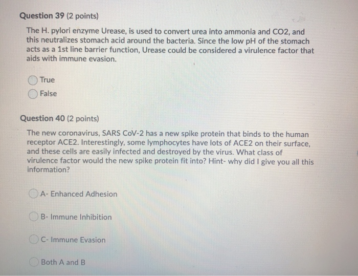Solved Question 39 (2 points) The H. pylori enzyme Urease, | Chegg.com