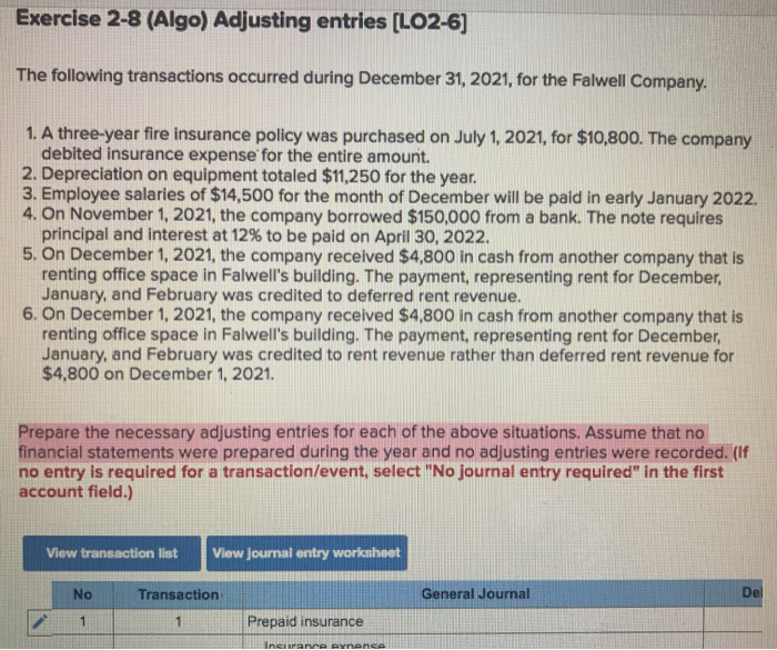 Solved Exercise 2-8 (Algo) Adjusting entries (LO2-6] The | Chegg.com