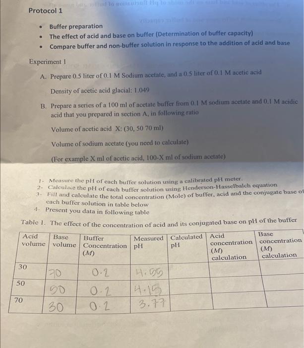 Solved Protocol 1 - Buffer preparation - The effect of acid | Chegg.com
