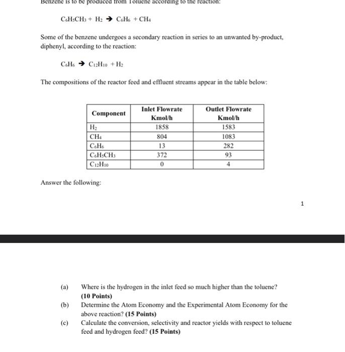 Solved C6H5CH3+H2→C6H6+CH4 Some of the benzene undergoes a | Chegg.com