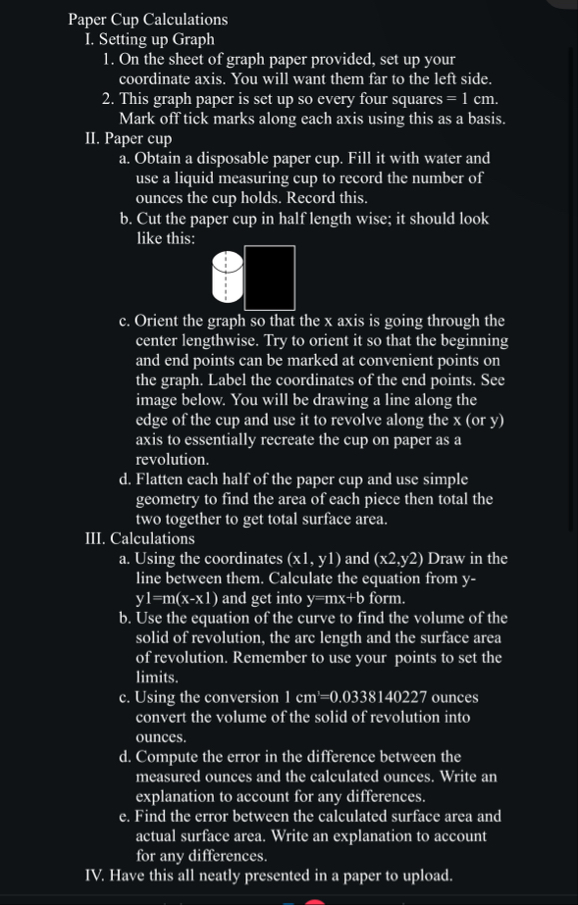 Paper Cup CalculationsI. Setting up GraphOn the sheet | Chegg.com