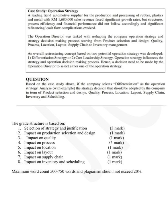 Solved Case Study: Operation Strategy A leading tier- 1 | Chegg.com