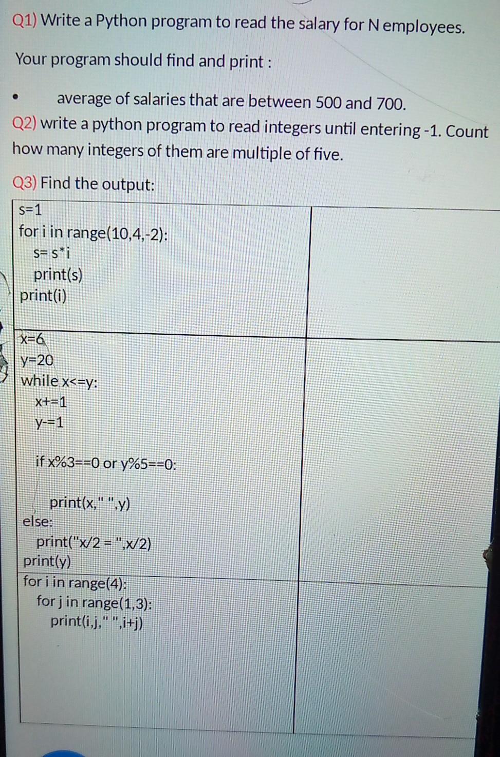 Solved Q1) Write a Python program to read the salary for N | Chegg.com