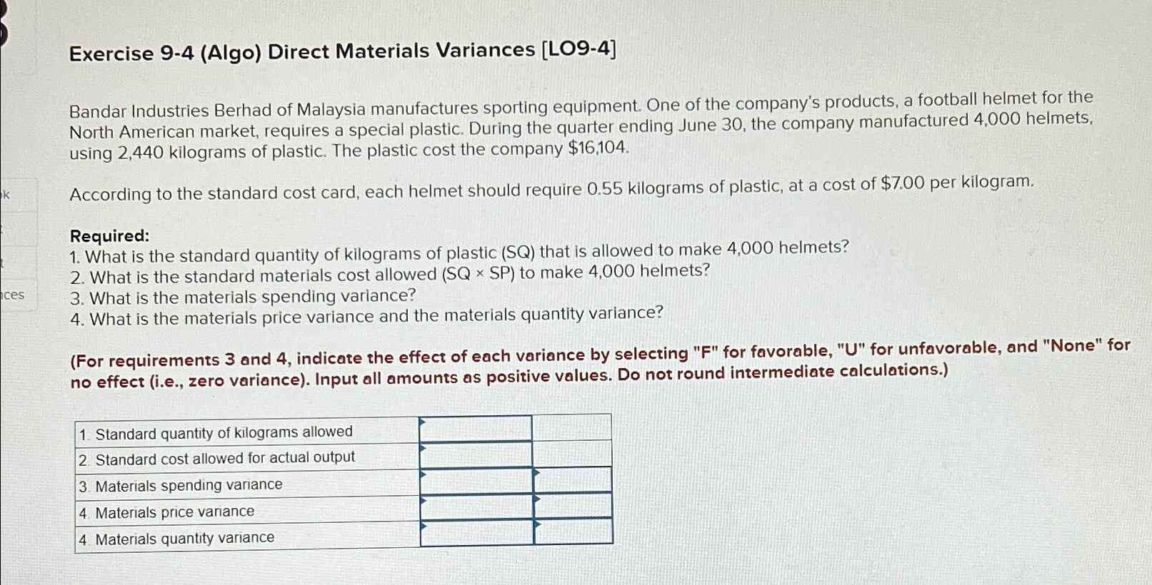Solved Exercise 9-4 (Algo) ﻿Direct Materials Variances | Chegg.com