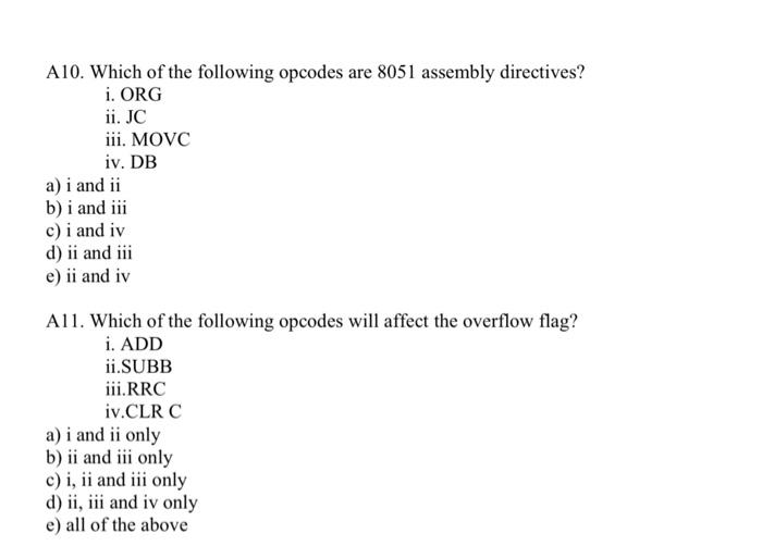 Solved A10. Which of the following opcodes are 8051 assembly | Chegg.com