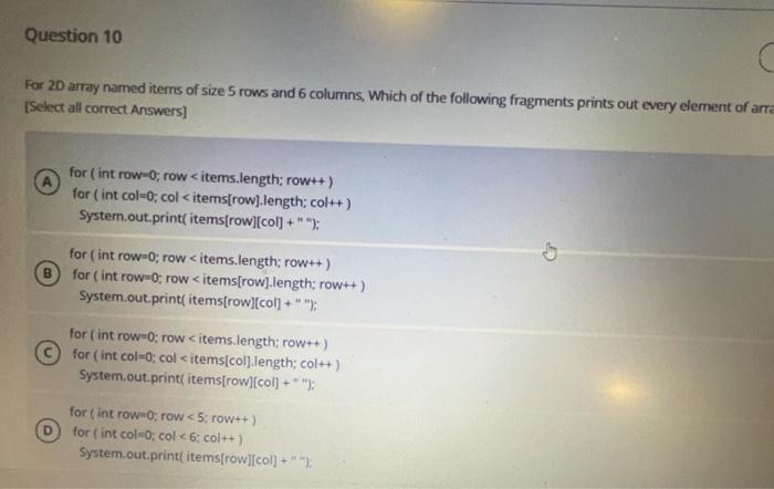 Solved Question 10 For 2d Array Named Items Of Size 5 Rows 