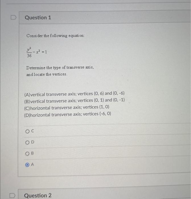 Solved Consider the following equation: 36y2−x2=1 Determine | Chegg.com