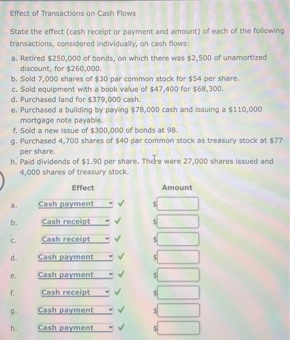 Solved Effect of Transactions on Cash Flows State the effect | Chegg.com