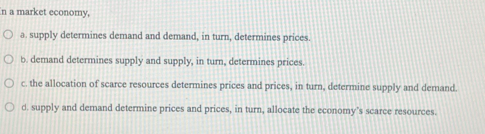 Solved n a market economy,a. ﻿supply determines demand and | Chegg.com