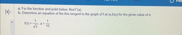 Solved a. For the function and point below, find f′(a). b. | Chegg.com