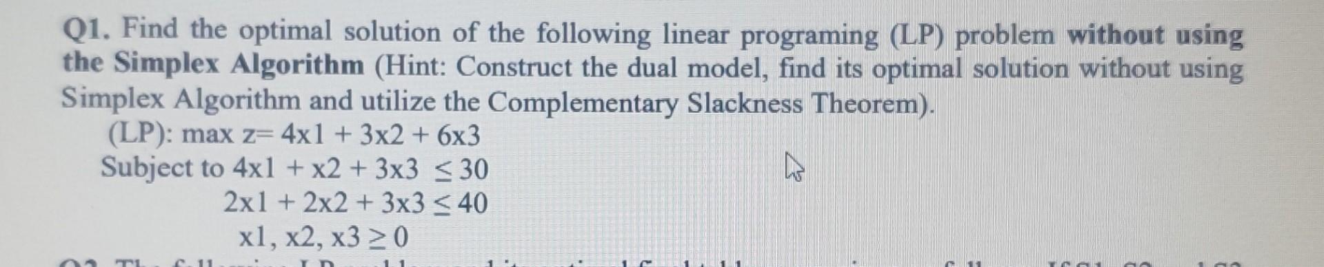 Solved Q1. Find the optimal solution of the following linear | Chegg.com