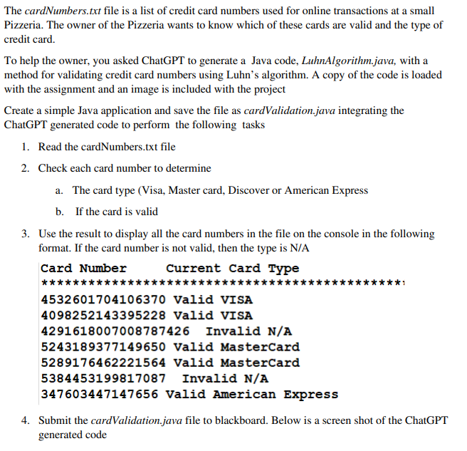 Solved Submit the cardValidation.java file to blackboard. | Chegg.com
