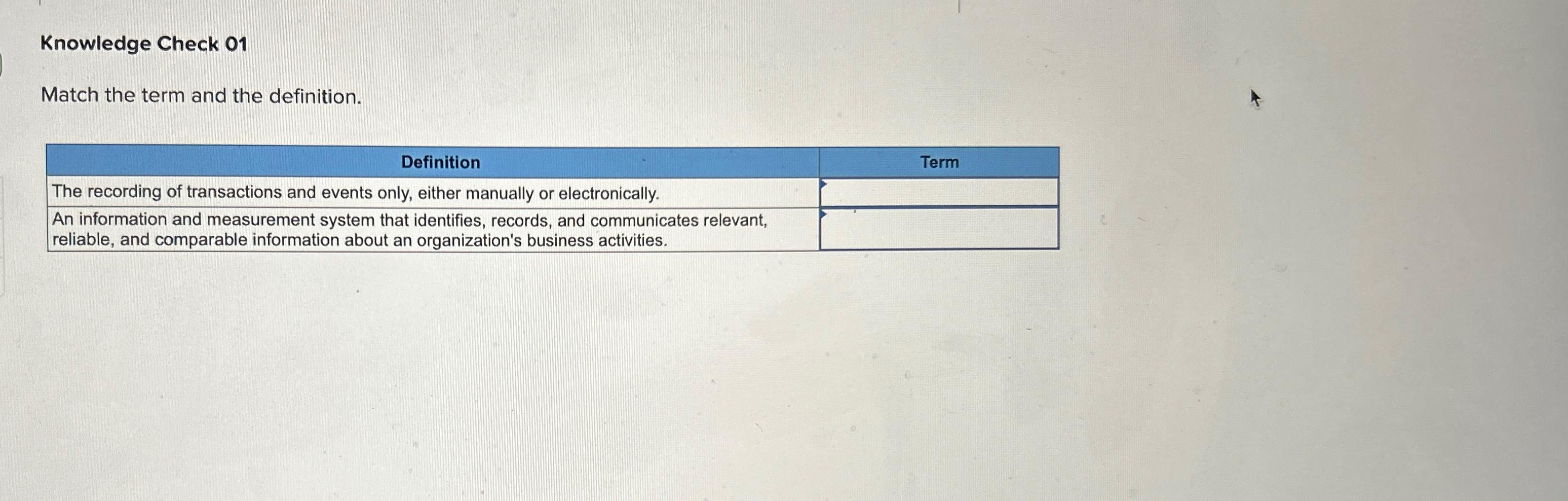 Solved Knowledge Check 01Match the term and the | Chegg.com